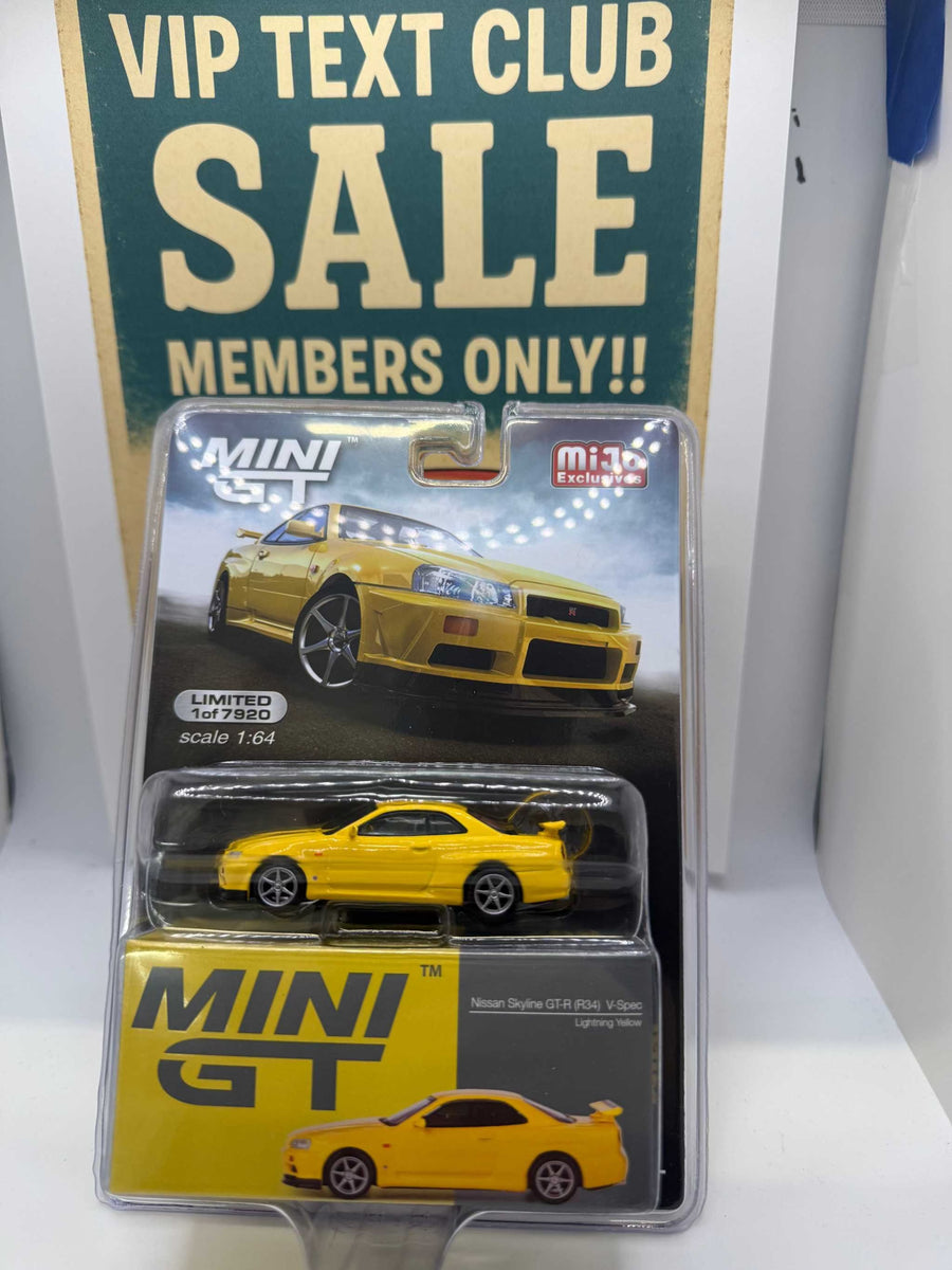 Mini GT Nissan GT-R (R34) V-Spec Lightning Yellow #762 1/64| Now Then ...